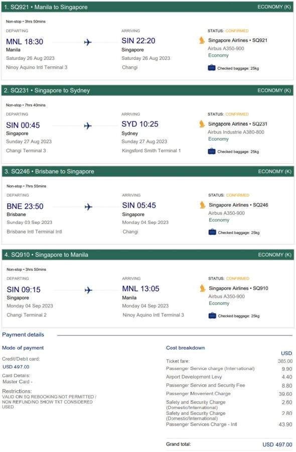 Flight Report: SINGAPORE AIRLINES SQ 246 – Brisbane to Singapore ...